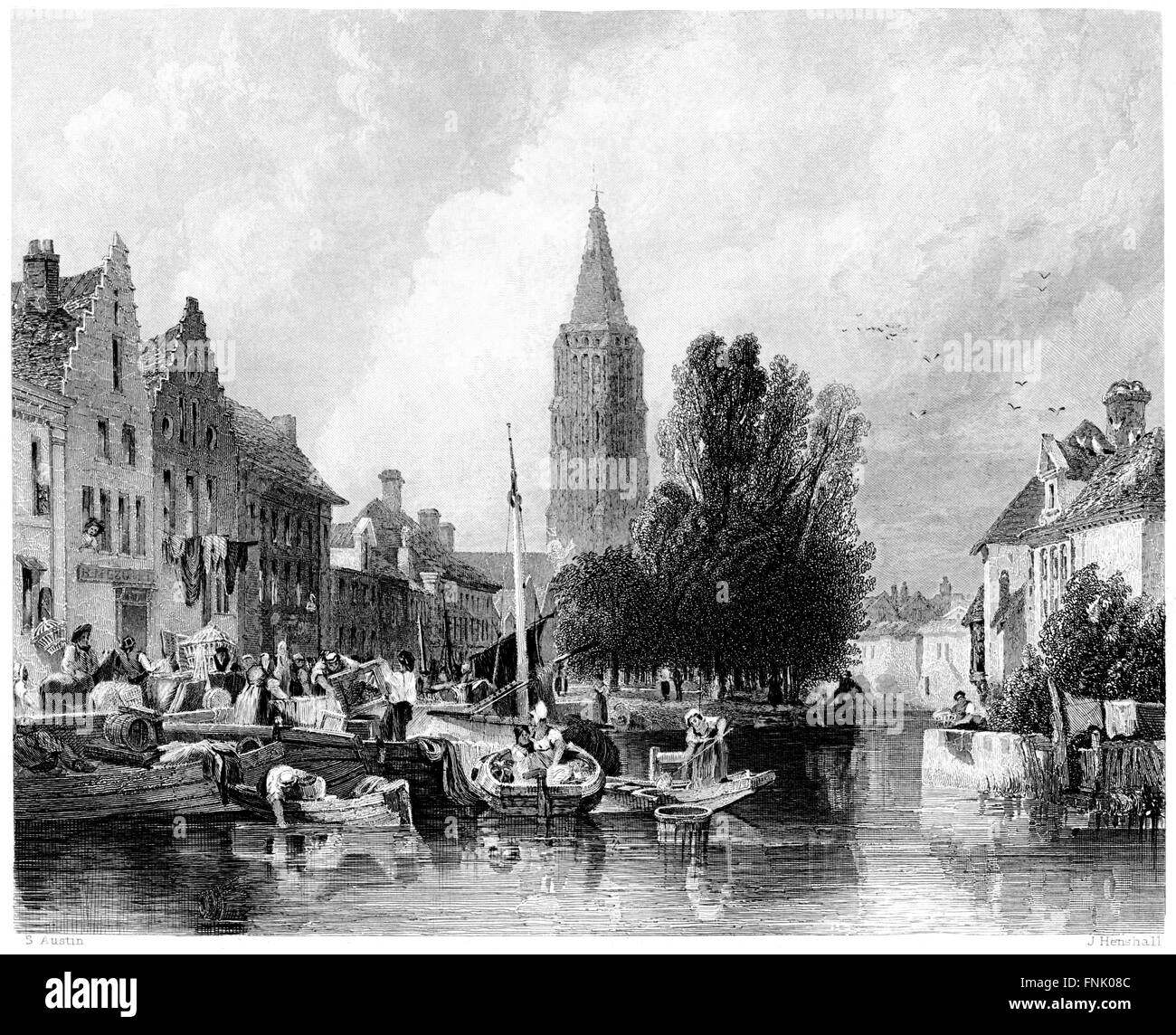Engraving of the Church of Notre Dame, Bruges scanned at high resolution from a book printed in ...
