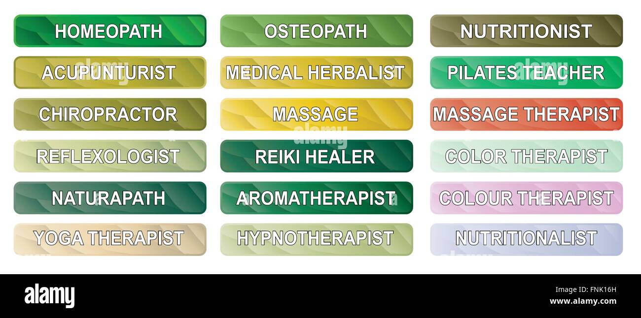 A collection of alternative therapy buttons on a white background Stock ...