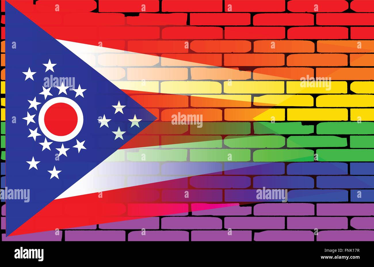 A well worn wall painted with a LGBT rainbow with the Ohio state flag ...