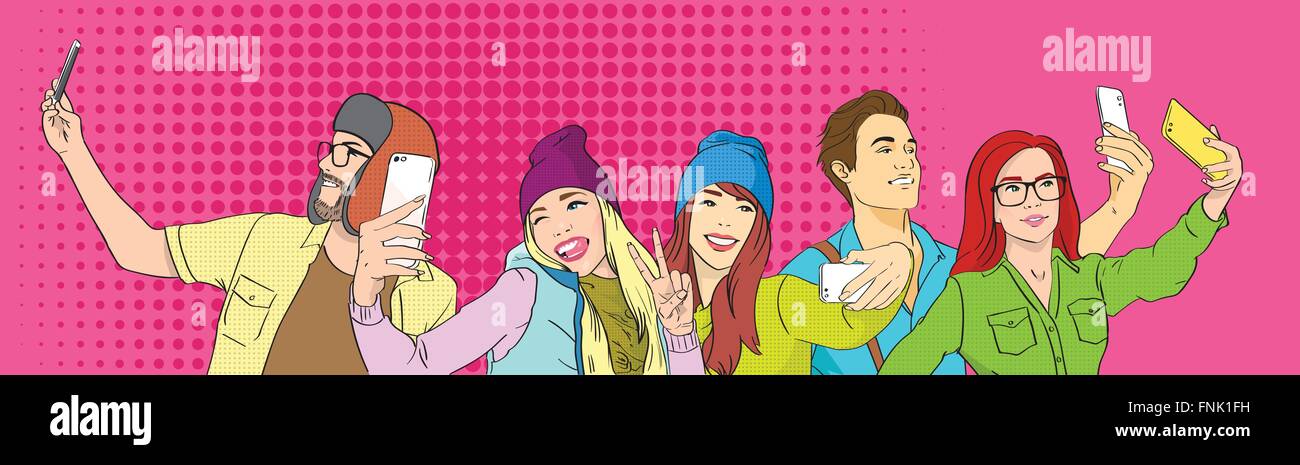 People Group Students Taking Selfie Photo On Smart Phone Pop Art Stock ...