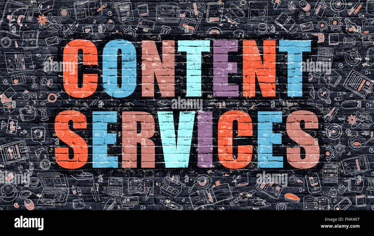 Multicolor Content Services on Dark Brickwall. Doodle Style Stock Photo ...