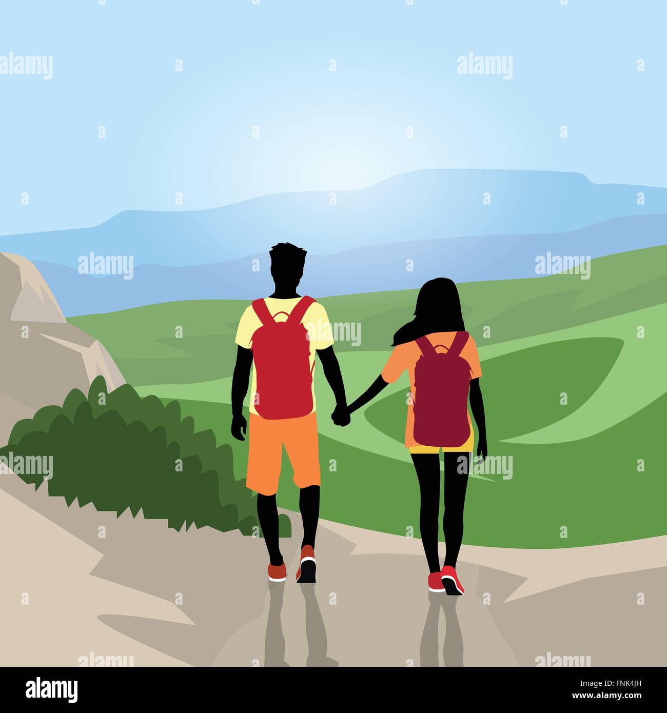 Traveler Couple Silhouette Hiking Mountain Top Valley Stock Vector ...