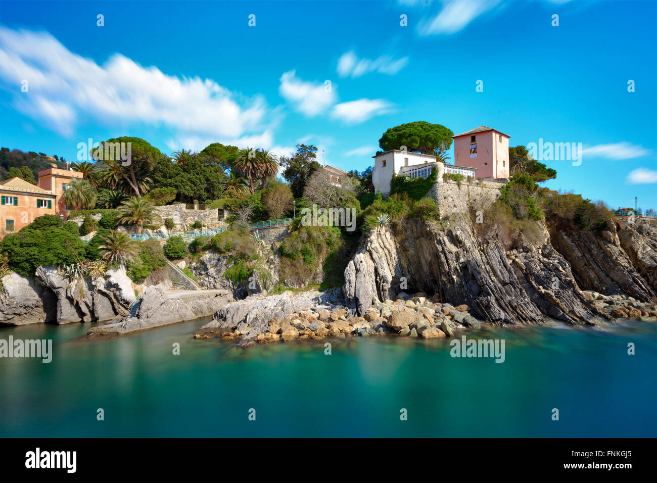 Houses on rocks at the shoreline in the formerly independent Italian ...
