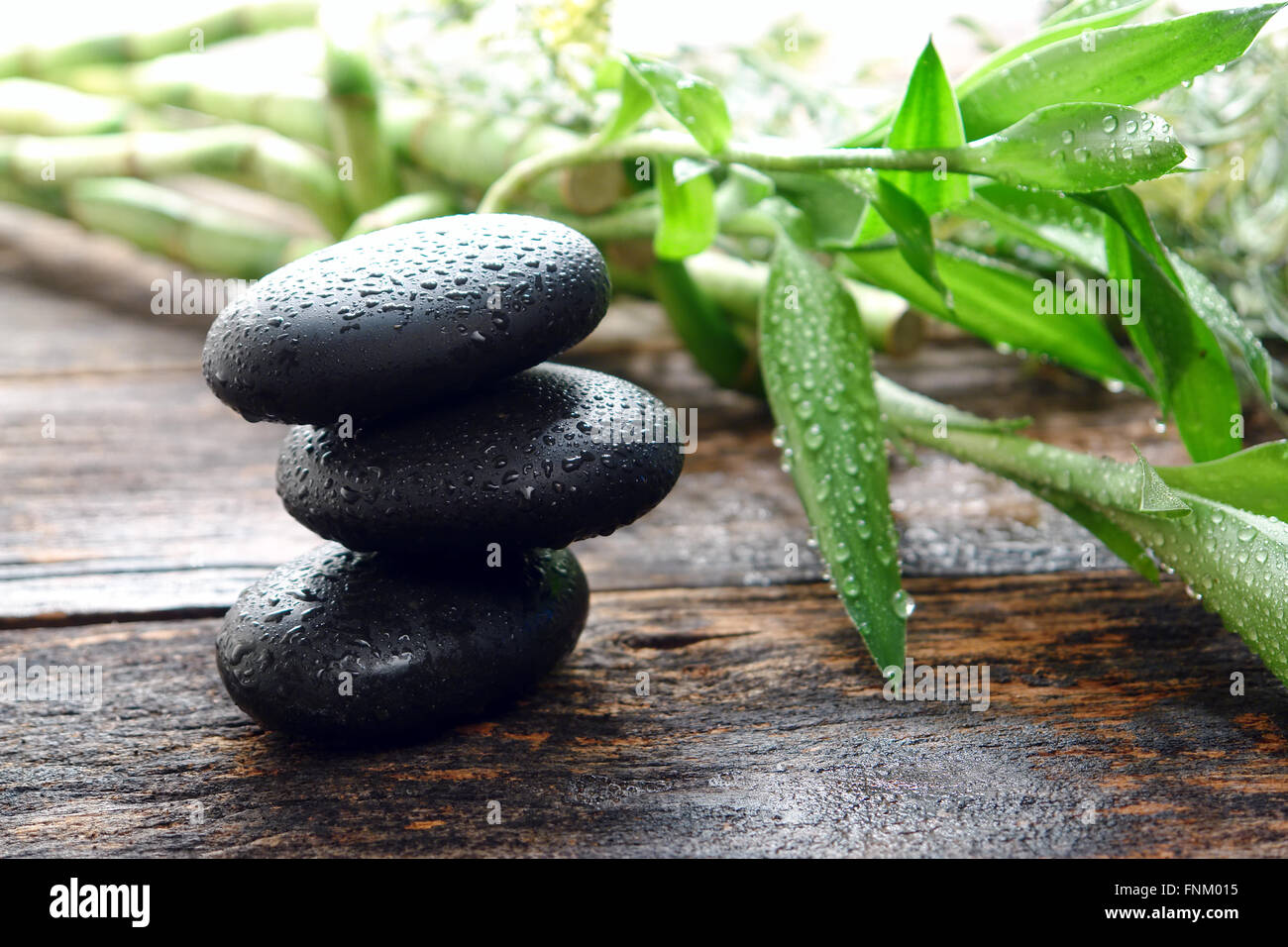 Wet black smooth polished hot massage stones drenched with water drops ...