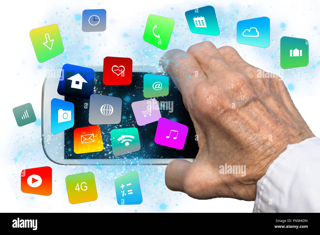 Elderly hand holding a smart phone with modern colorful floating apps ...