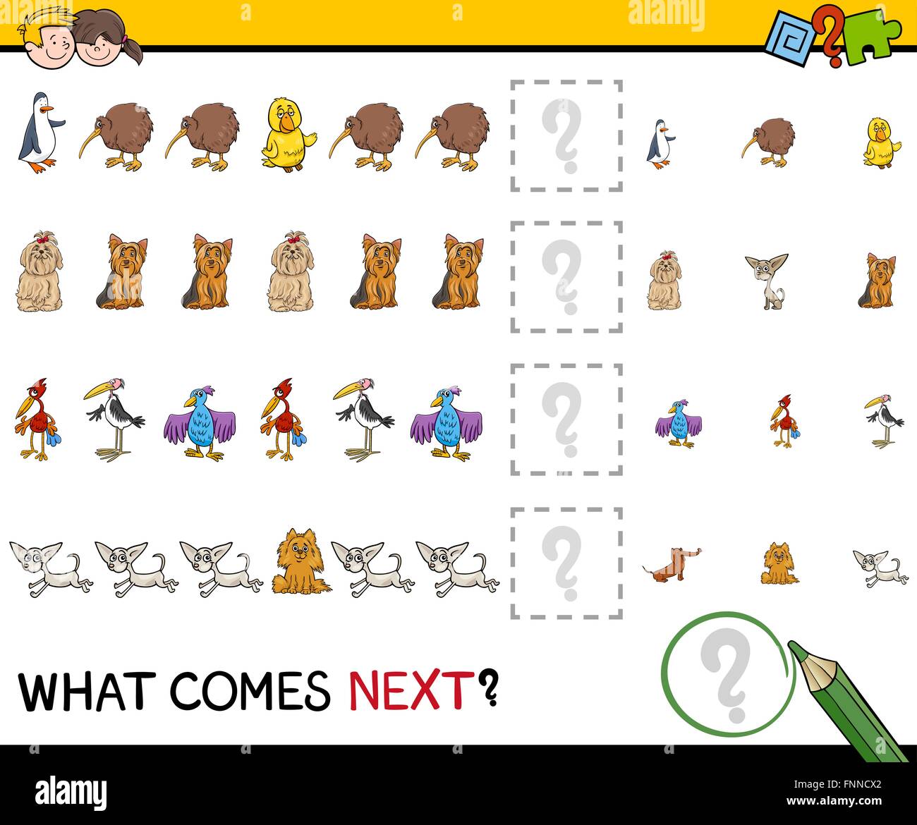 Cartoon Illustration of Completing the Pattern Educational Activity for ...