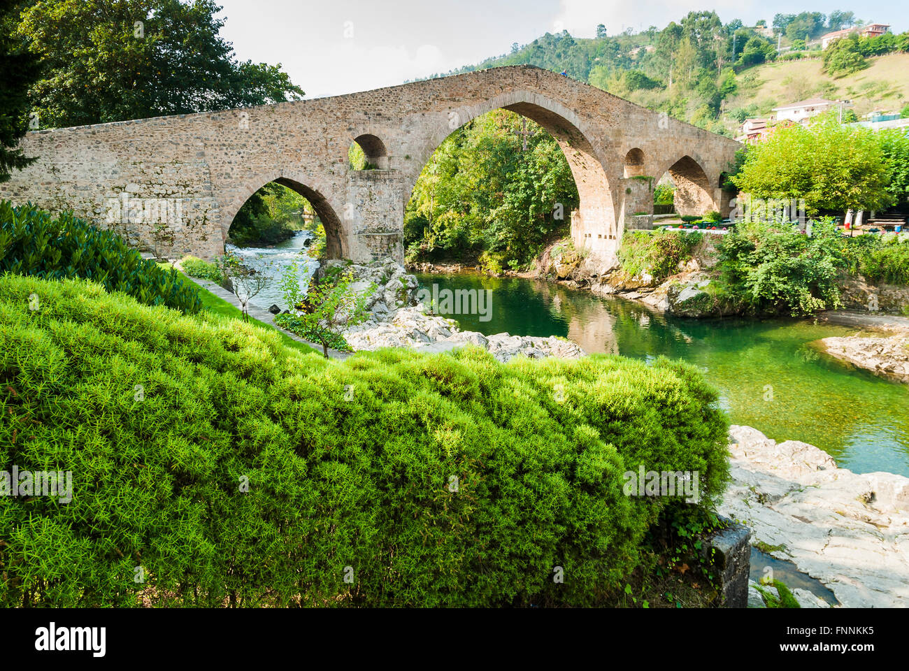 The hump-backed "Roman Bridge" on the Sella River. Cangas de Onis ...