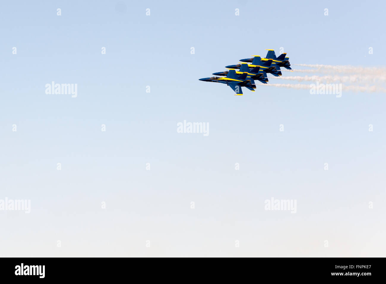 The Blue Angels fly in formation in a clear sky during fleet week in ...