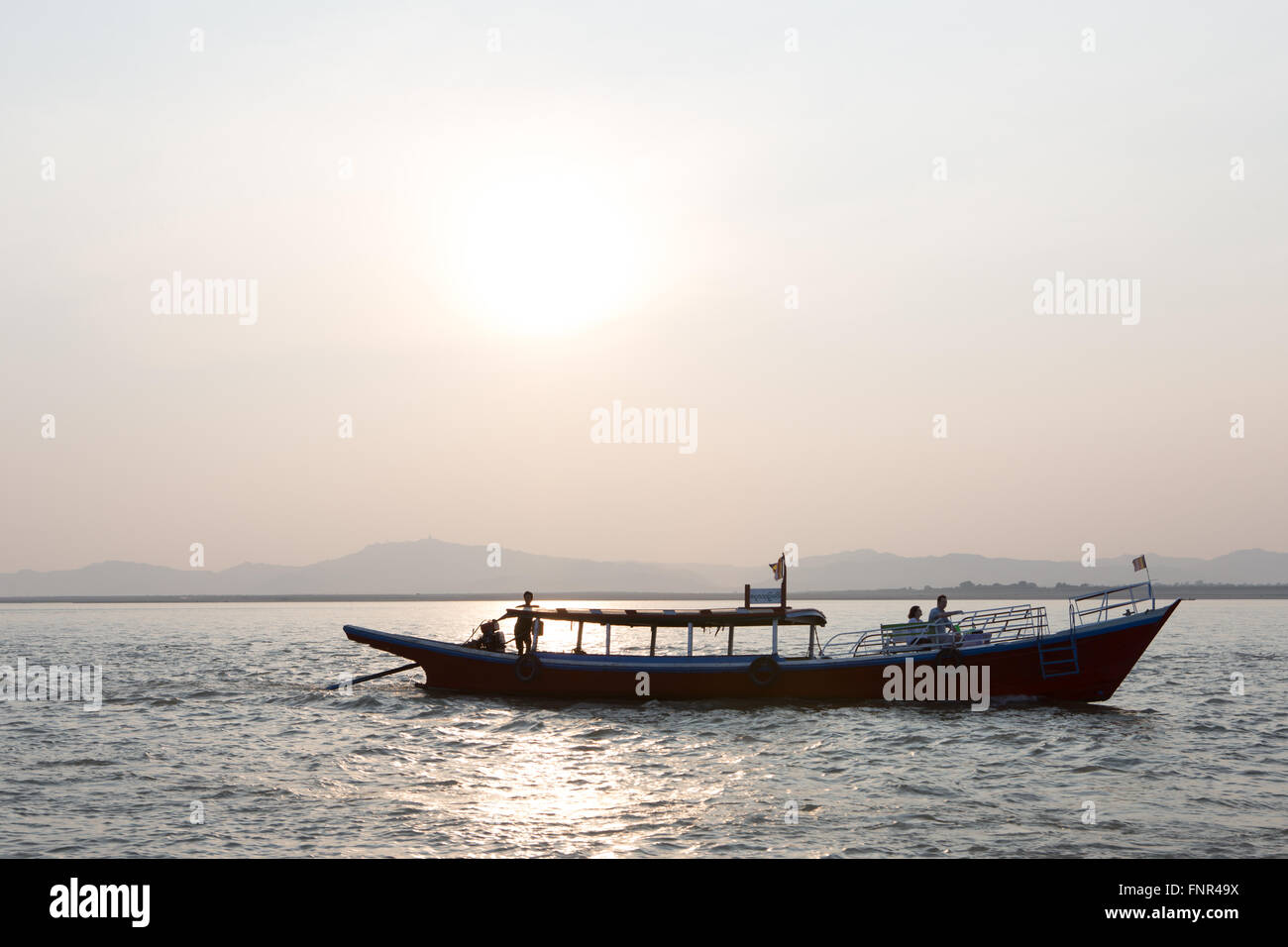 Sunset cruise at Irawaddy (Ayerwaddy) River in Bagan, Myanmar Stock ...