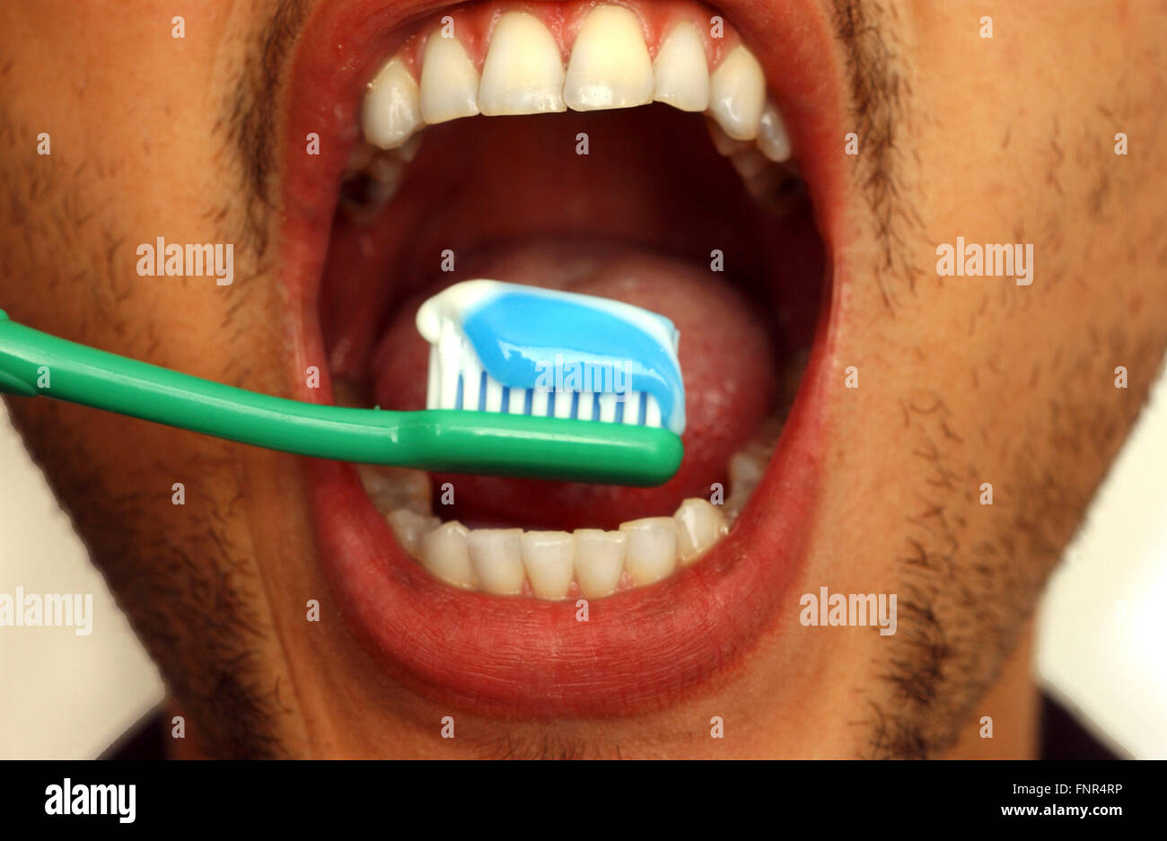 A young man brushing his teeth with toothpaste. Regular brushing of ...
