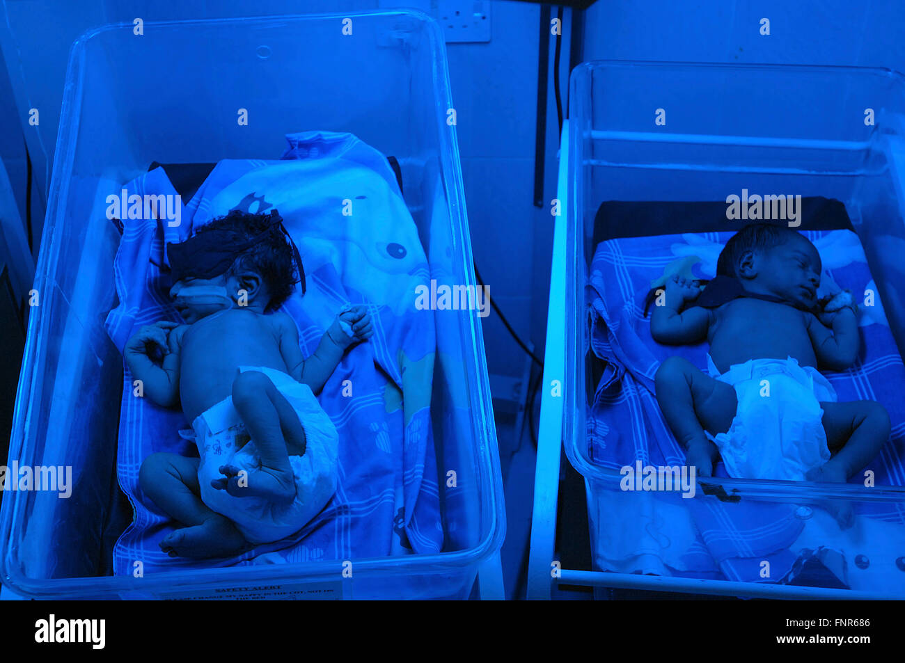 Two (2) preterm babies lay in a nursery. The blue lighting is designed ...