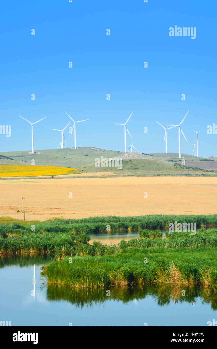 Wind turbines farm on a rural background Stock Photo - Alamy