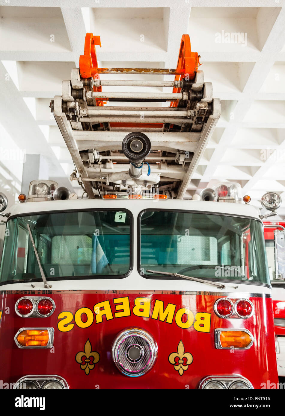 Low angle view of ladder on fire engine parked in station Stock Photo ...