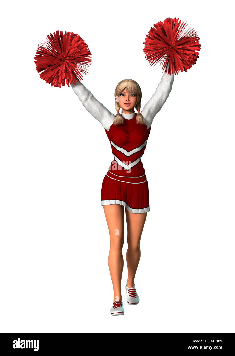 Digital render of a young cheerleader with pompoms isolated on white ...