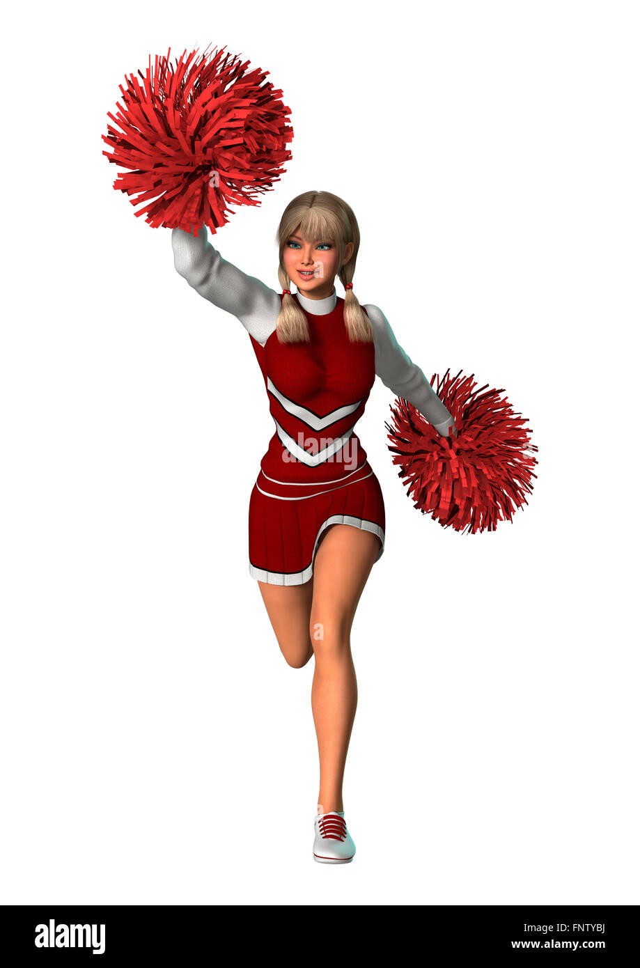 Digital render of a young cheerleader with pompoms isolated on white ...