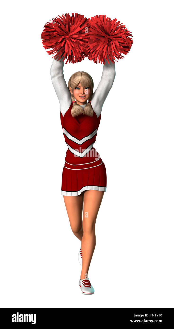 Digital render of a young cheerleader with pompoms isolated on white ...