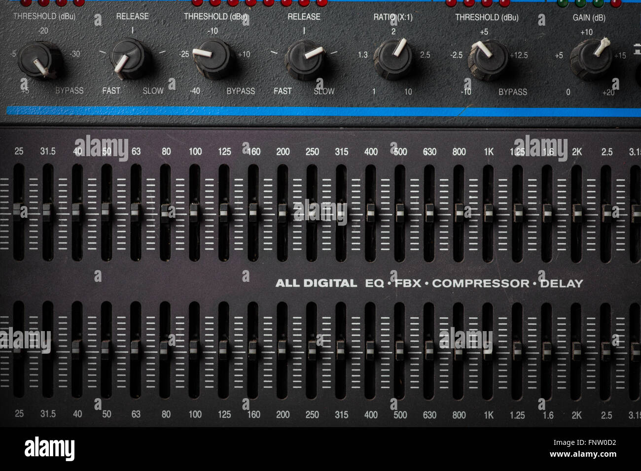 Color image of many buttons on a sound mixer in a recording studio ...