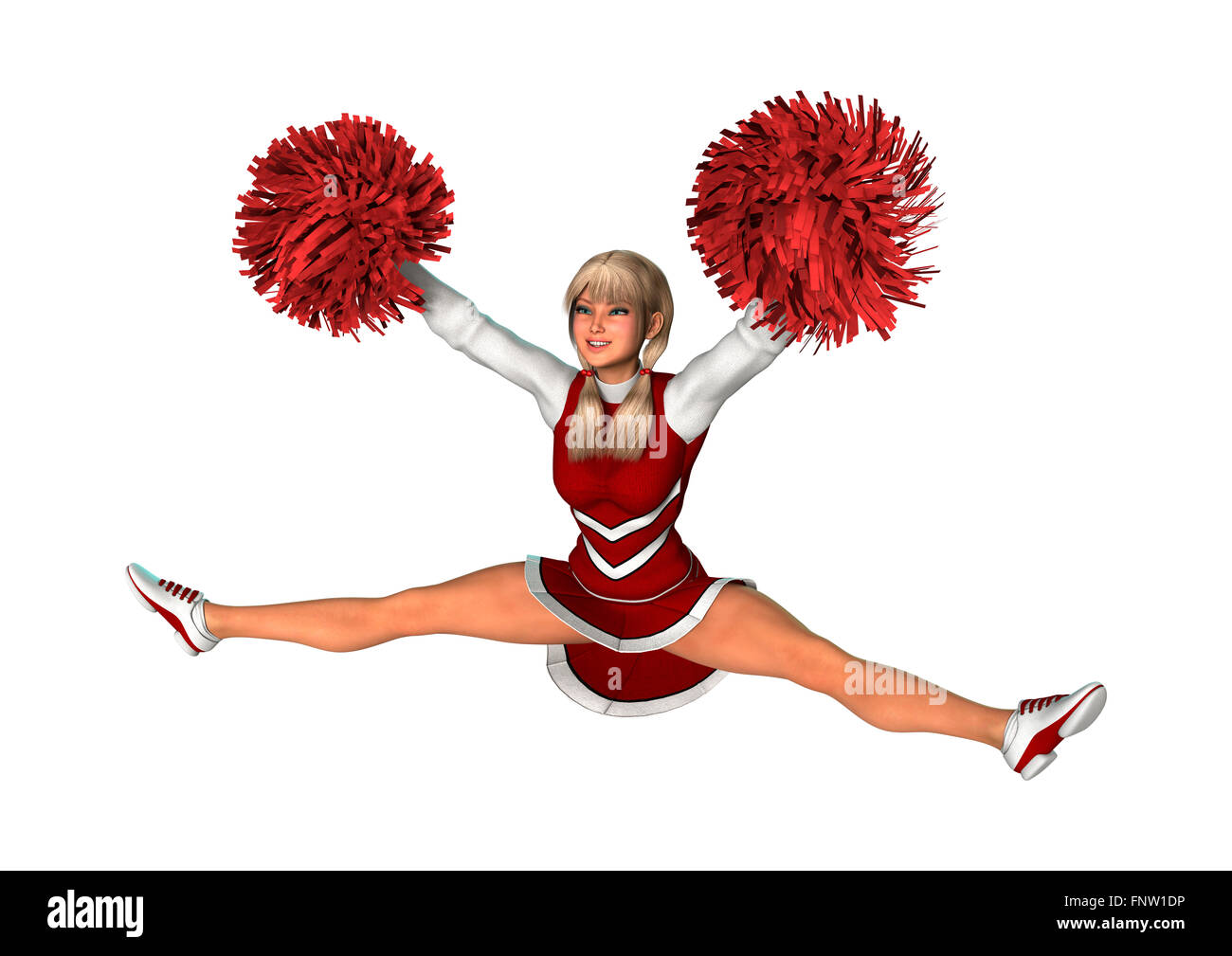 Digital render of a young cheerleader with pompoms isolated on white ...