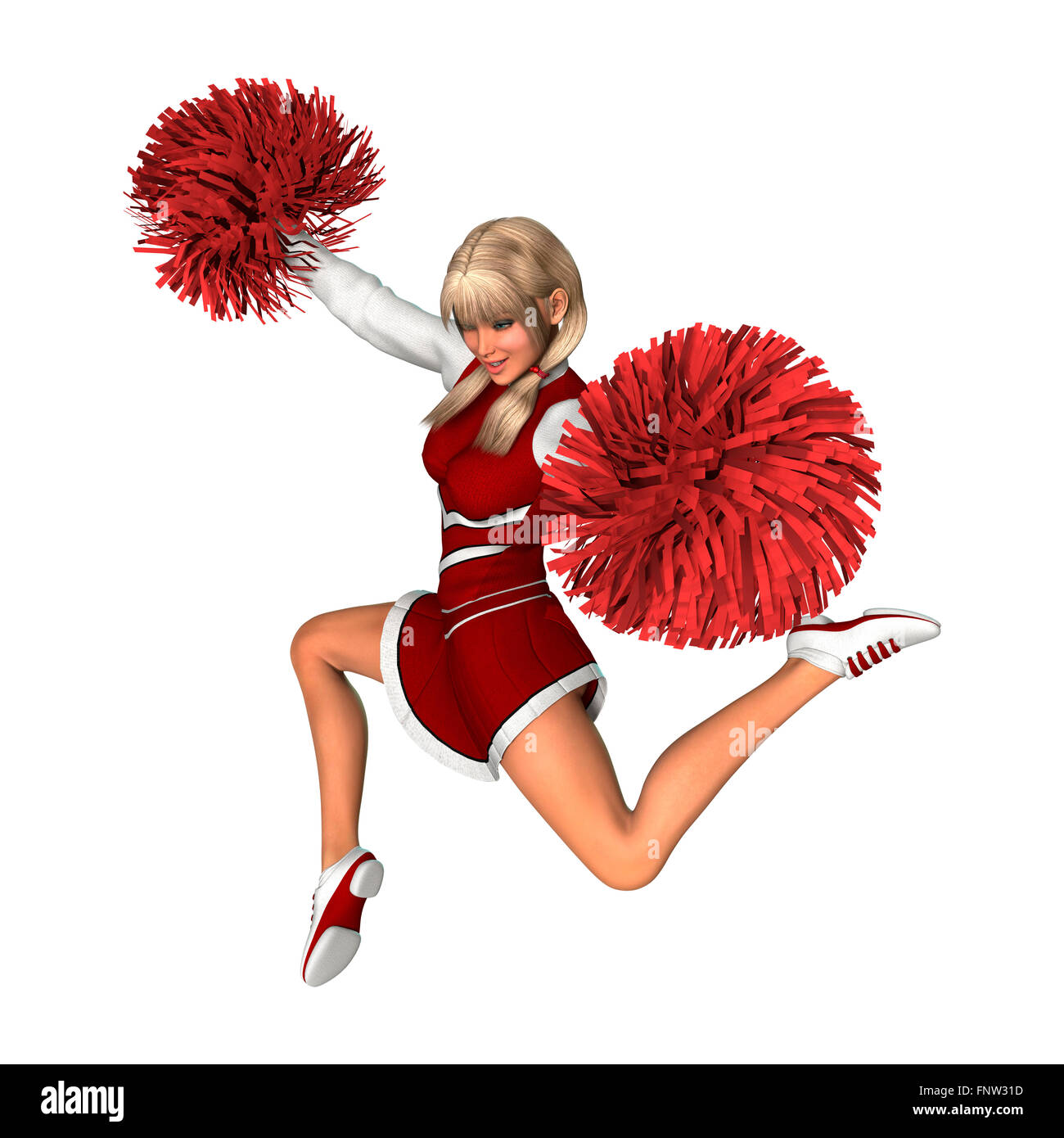 Digital render of a young cheerleader with pompoms isolated on white ...