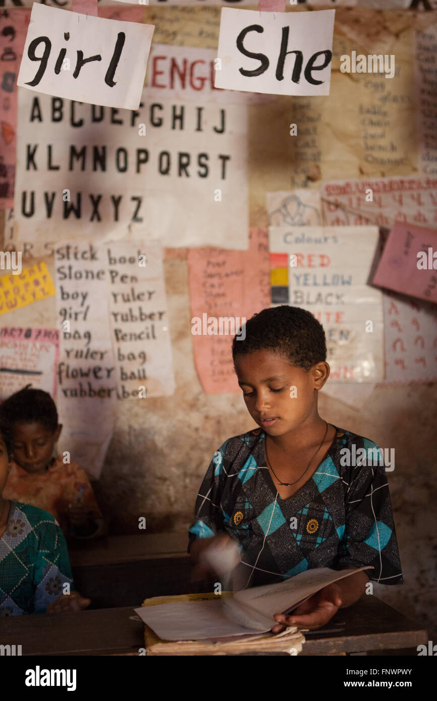 School children reading books in a school in Finote Selam, Ethiopia ...