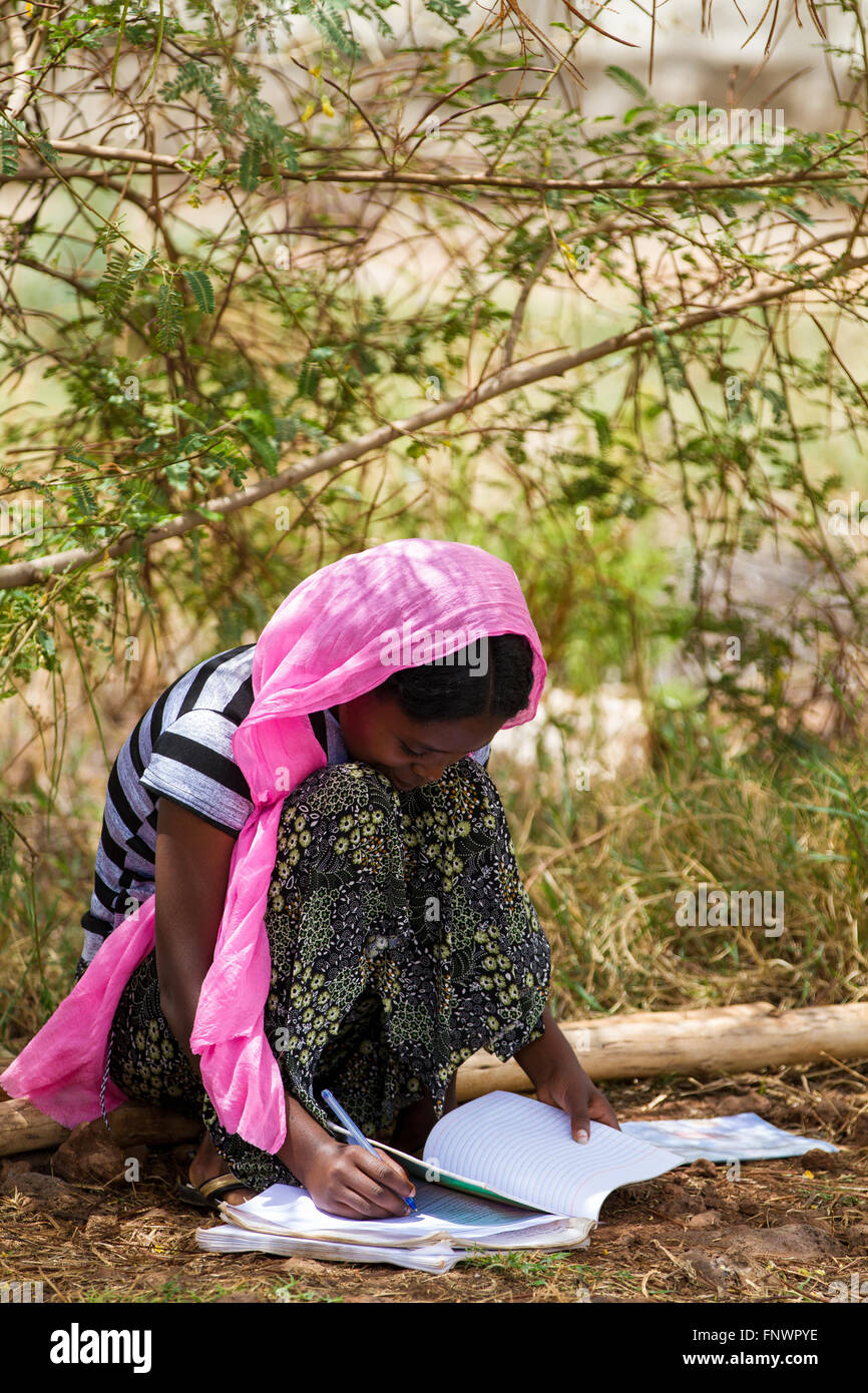 A young woman studying under a tree. She is training to be a teacher at ...