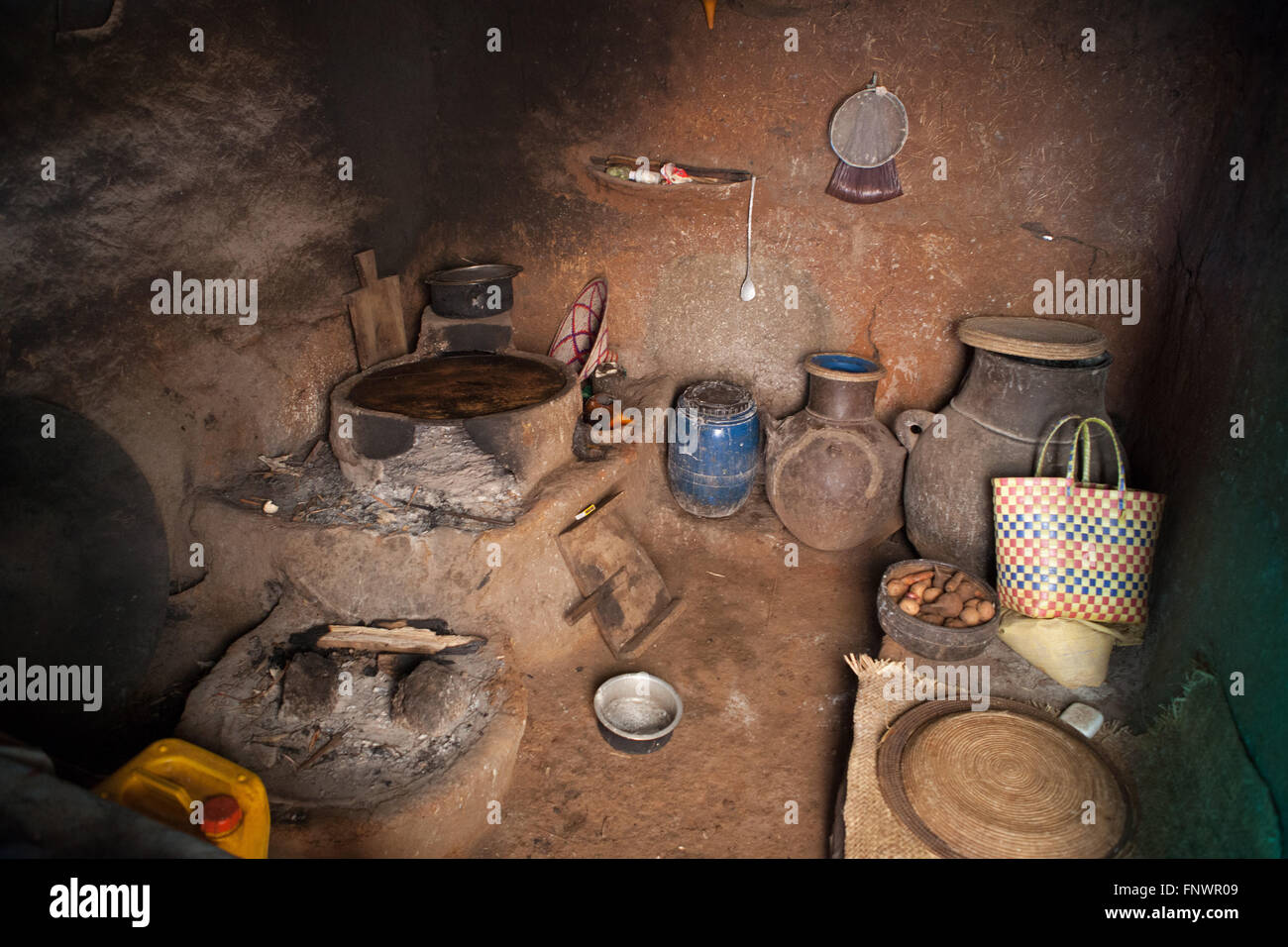 The kitchen inside a mud hut in the village of Bahir Dah, Ethiopia ...