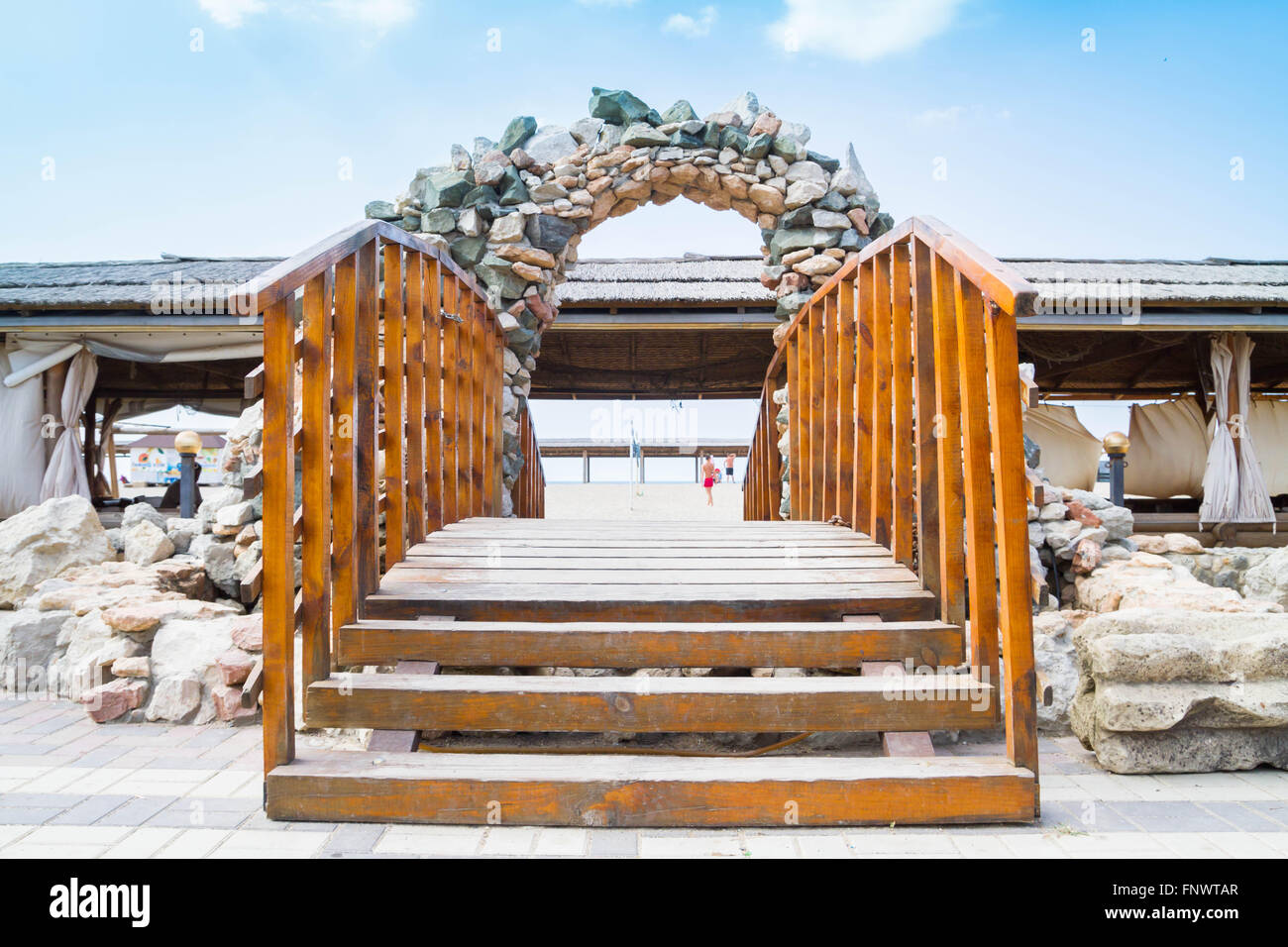 Wooden bridge in the rocks to the promenade by the black sea Stock ...