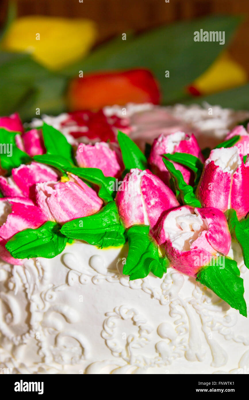 Beautiful cake for March 8 with tulips Stock Photo - Alamy