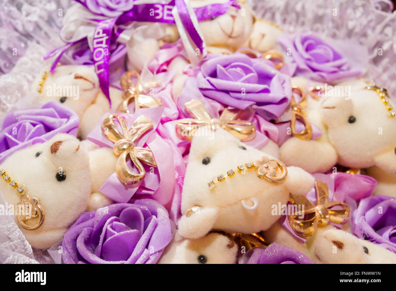 Bouquet of soft toys Teddy bears with bows and lilac roses Stock Photo ...