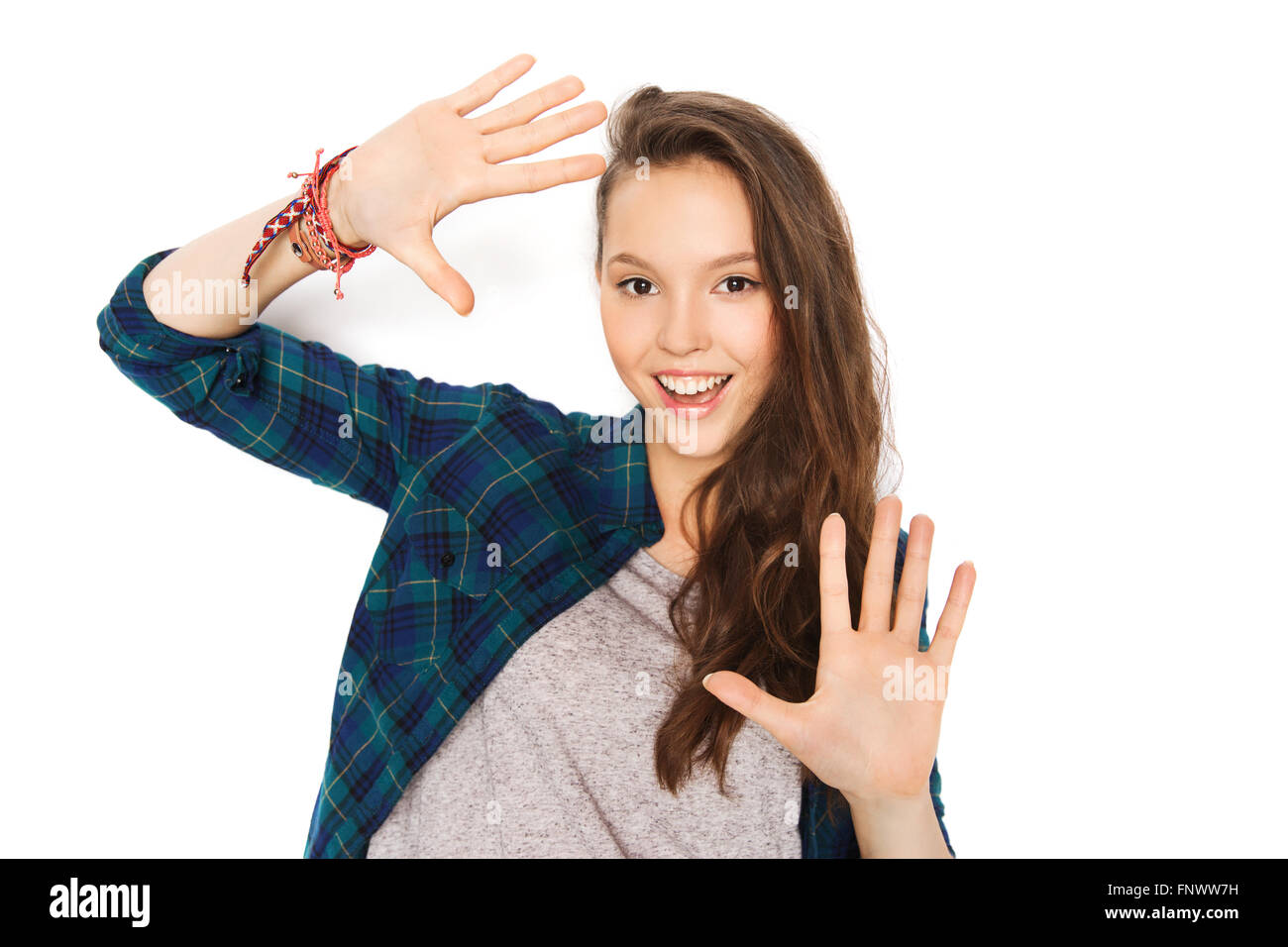 happy smiling pretty teenage girl showing hands Stock Photo - Alamy