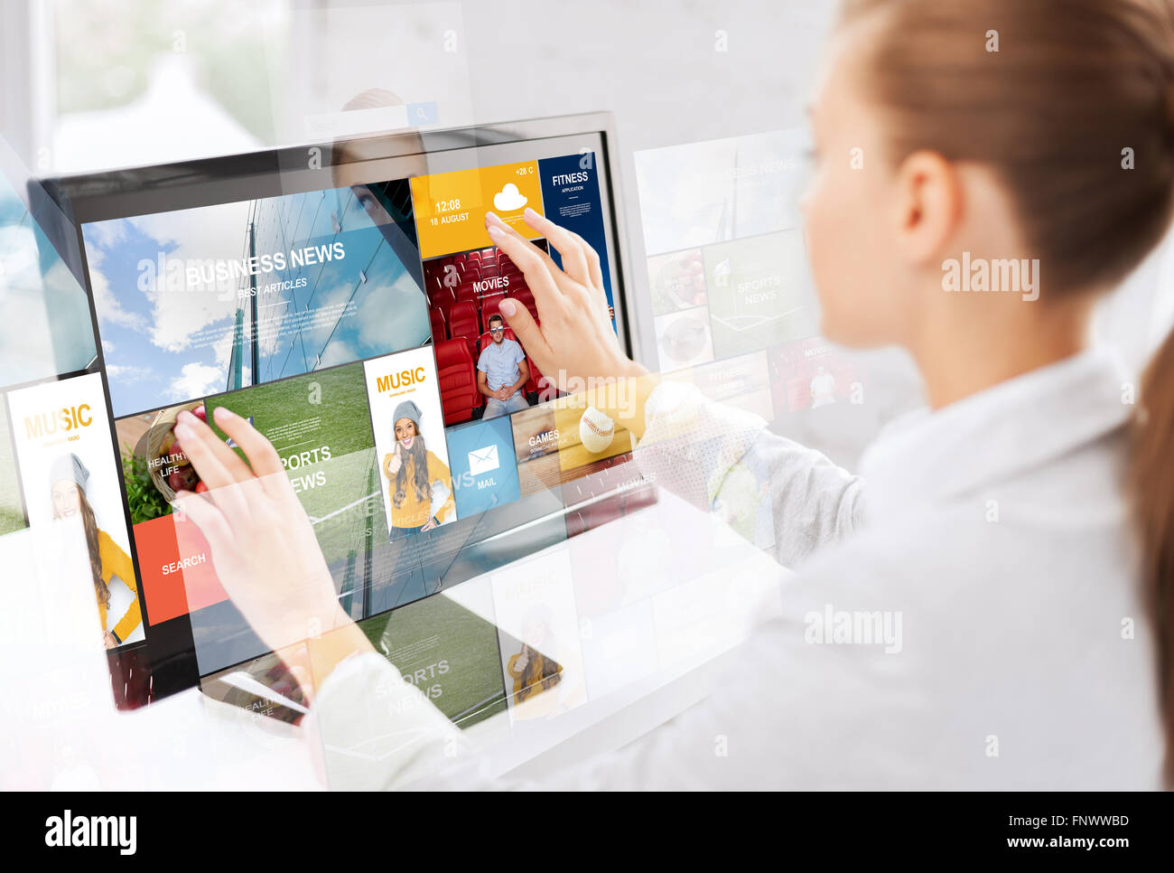 woman with web pages on touchscreen in office Stock Photo - Alamy