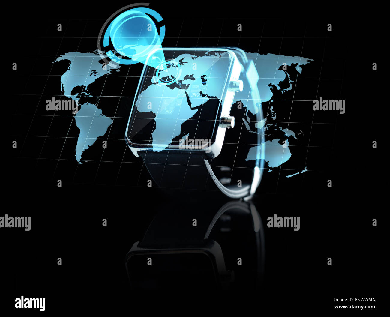 close up of smart watch with world map projection Stock Photo - Alamy