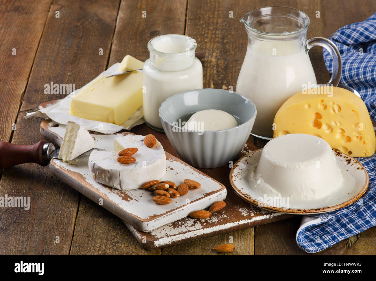 Dairy products on a wooden table Stock Photo - Alamy
