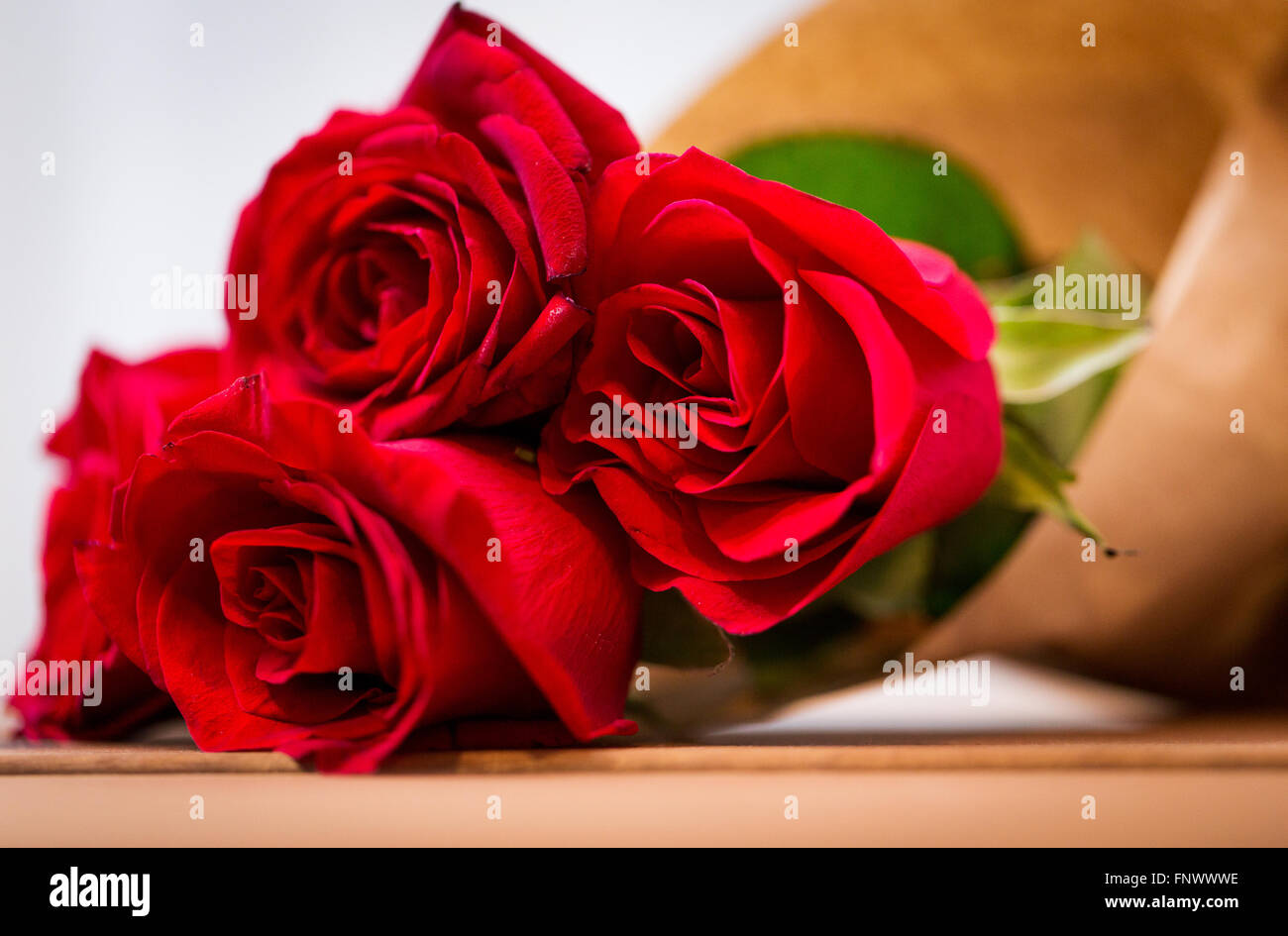 close up of red roses bunch wrapped into paper Stock Photo - Alamy