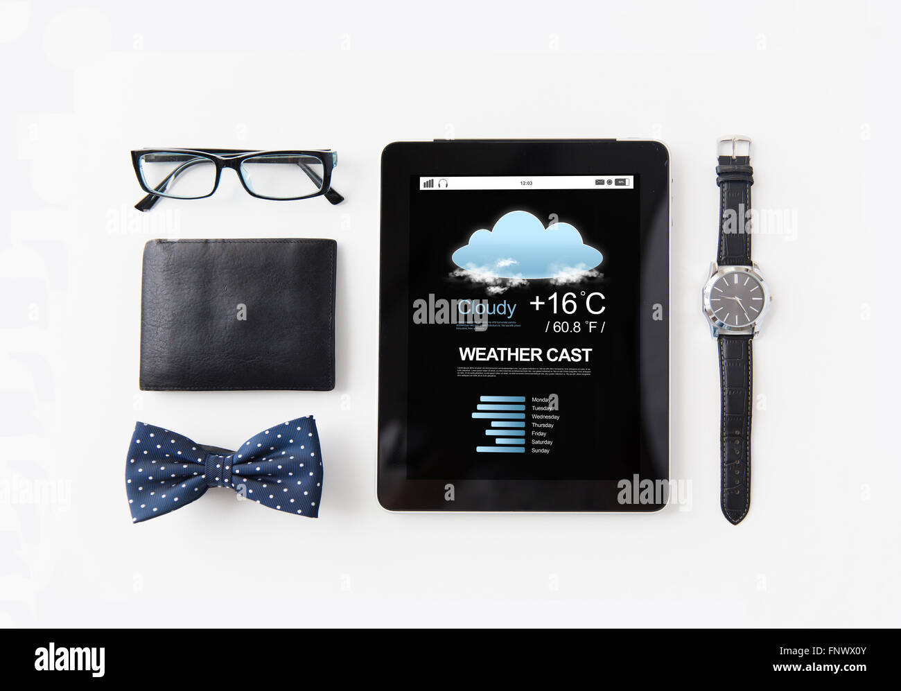 tablet pc with weather cast and personal stuff Stock Photo - Alamy