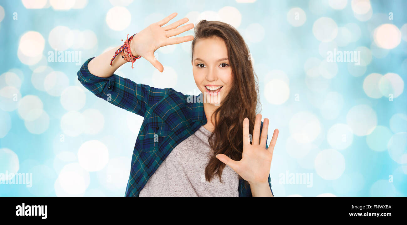 happy smiling pretty teenage girl showing hands Stock Photo - Alamy