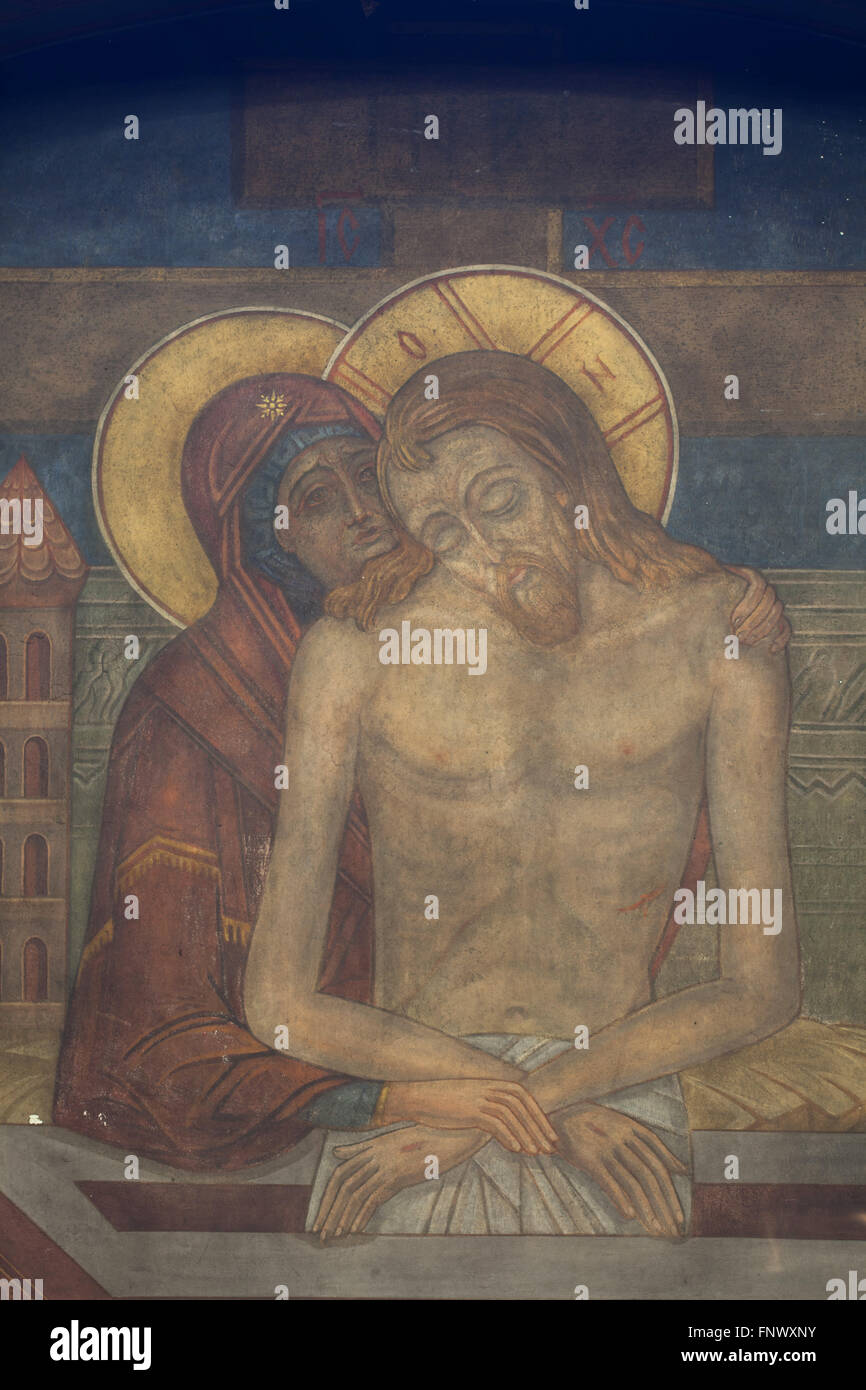 Lamentation of Christ (Pieta). Mural painting by Russian icon painter ...