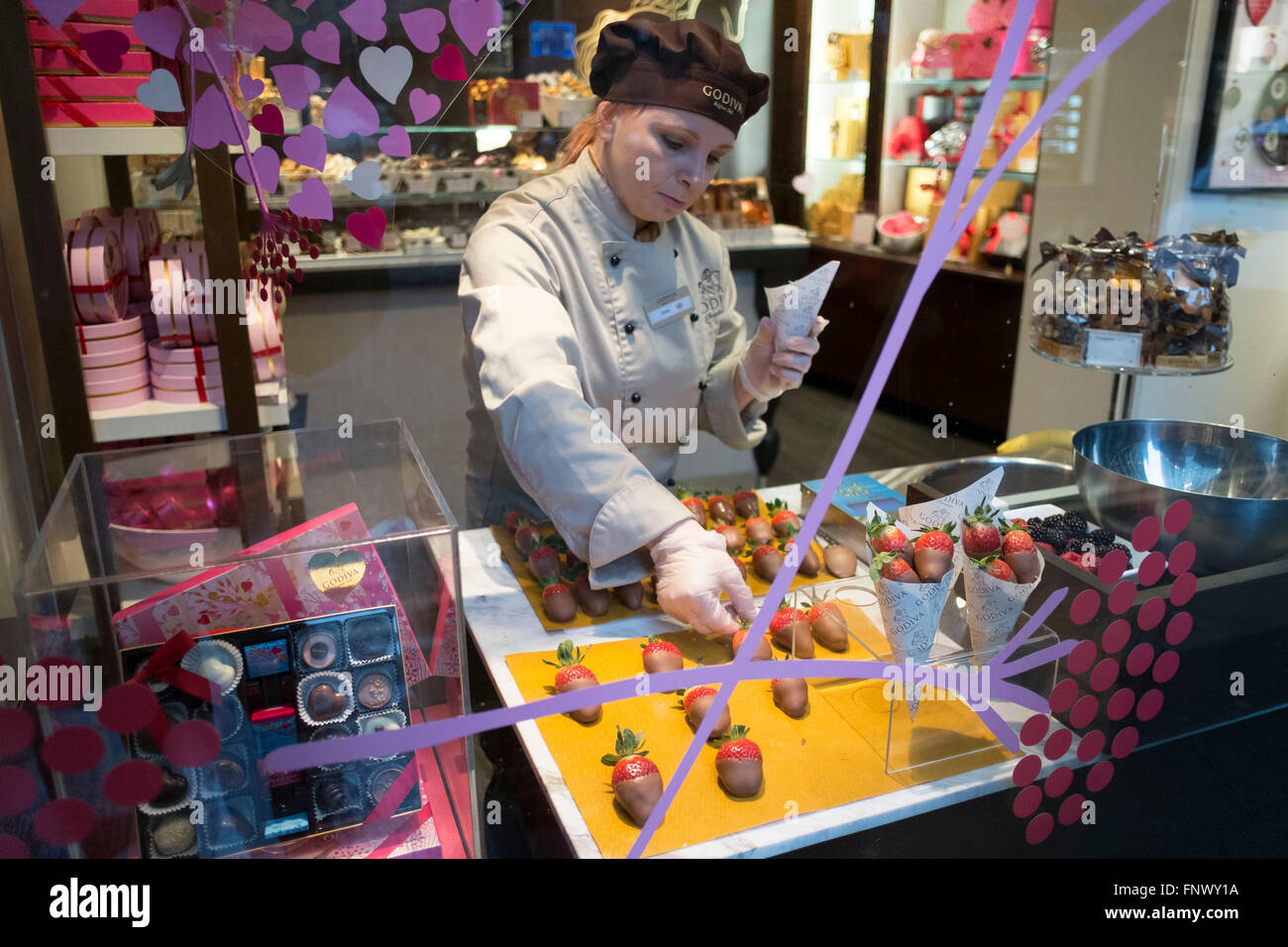 Worker fills the window display of Godiva Chocolataier. London, England ...