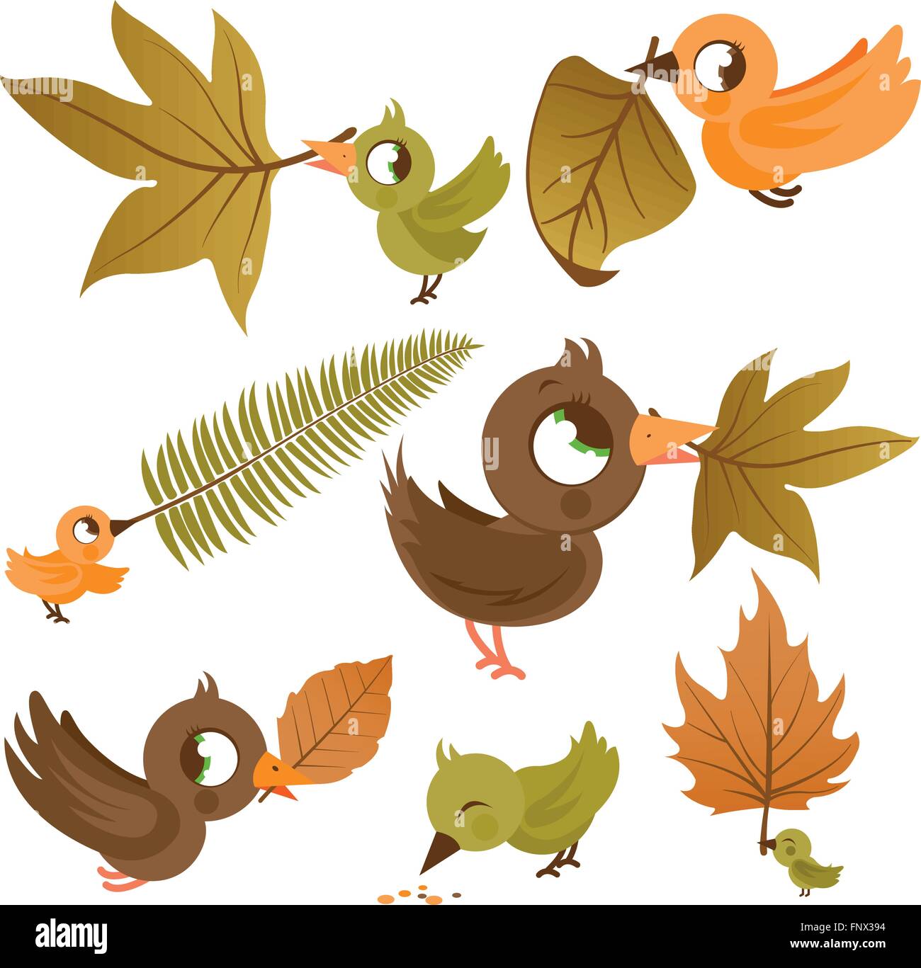 Cute birds holding dry Autumn tree leaves. Cute sparrow birds in Fall ...