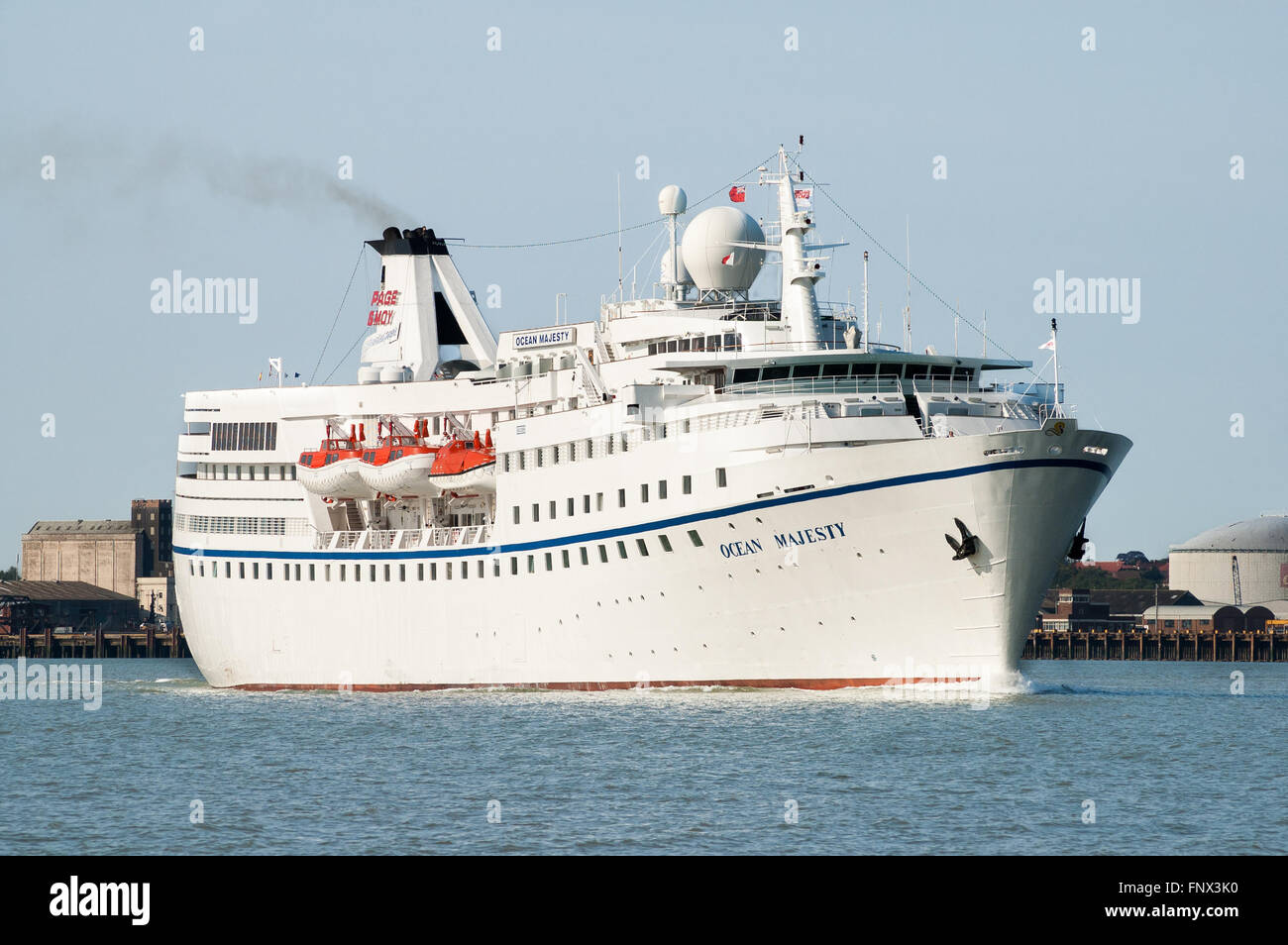 Cruise ship MS Ocean Majesty leaving the port of Felixstowe in Suffolk ...
