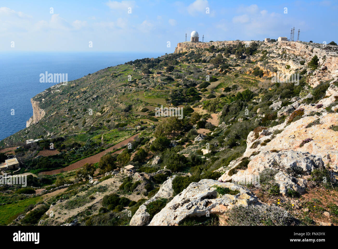 View from the top of Dingli Cliffs towards the radar station. Malta ...