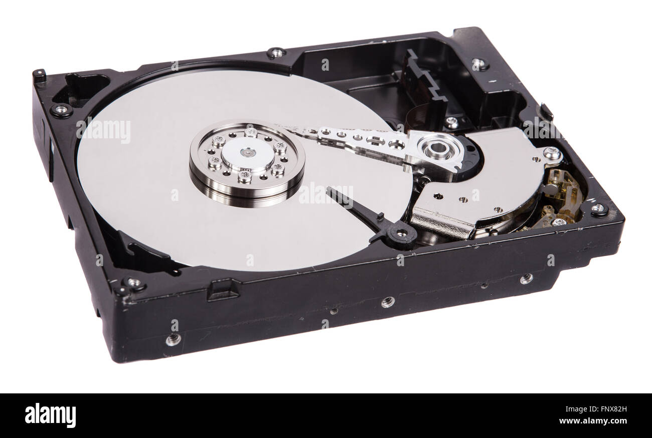 old hard drive with the lid open on a white background Stock Photo - Alamy