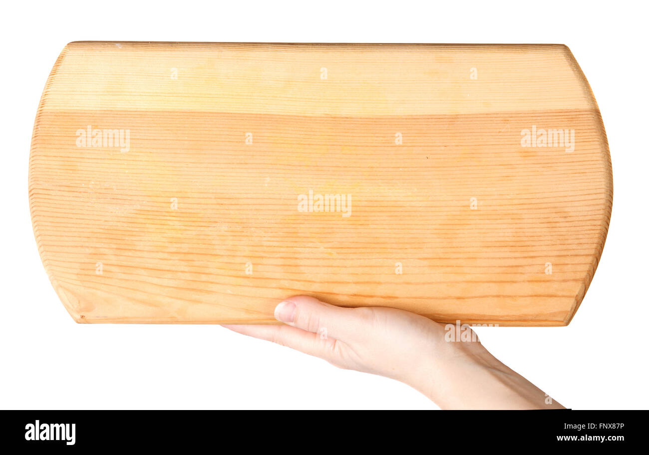 female hand holding a cutting board on a white background Stock Photo ...