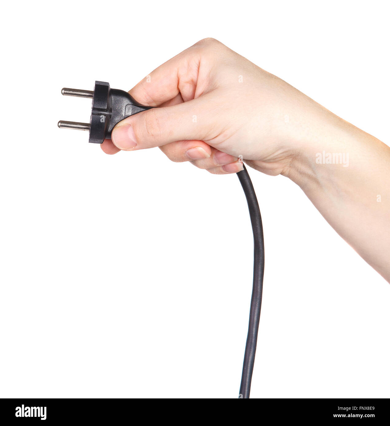 cable with a plug in a female hand on a white background Stock Photo ...