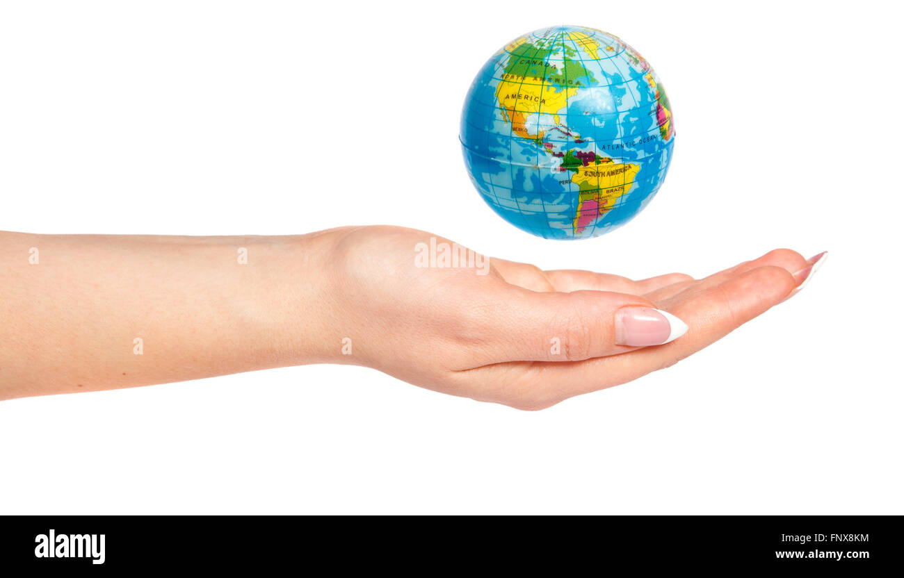 small globe hovering over the woman's hand, concept Stock Photo - Alamy