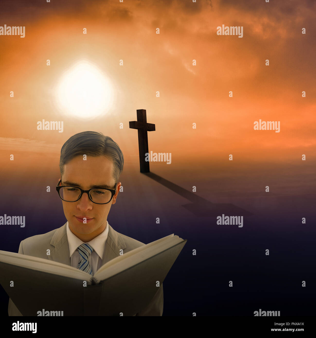 Composite image of geeky preacher reading from black bible Stock Photo ...