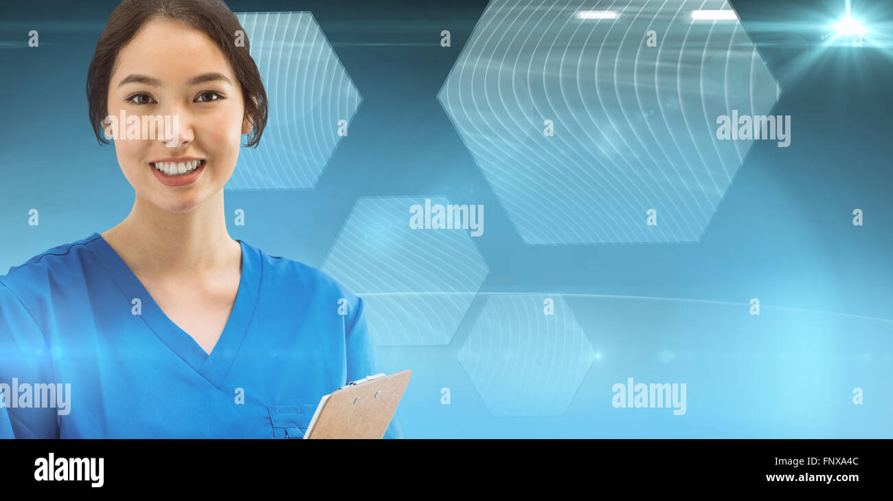 Composite image of asian nurse with stethoscope looking at the camera ...