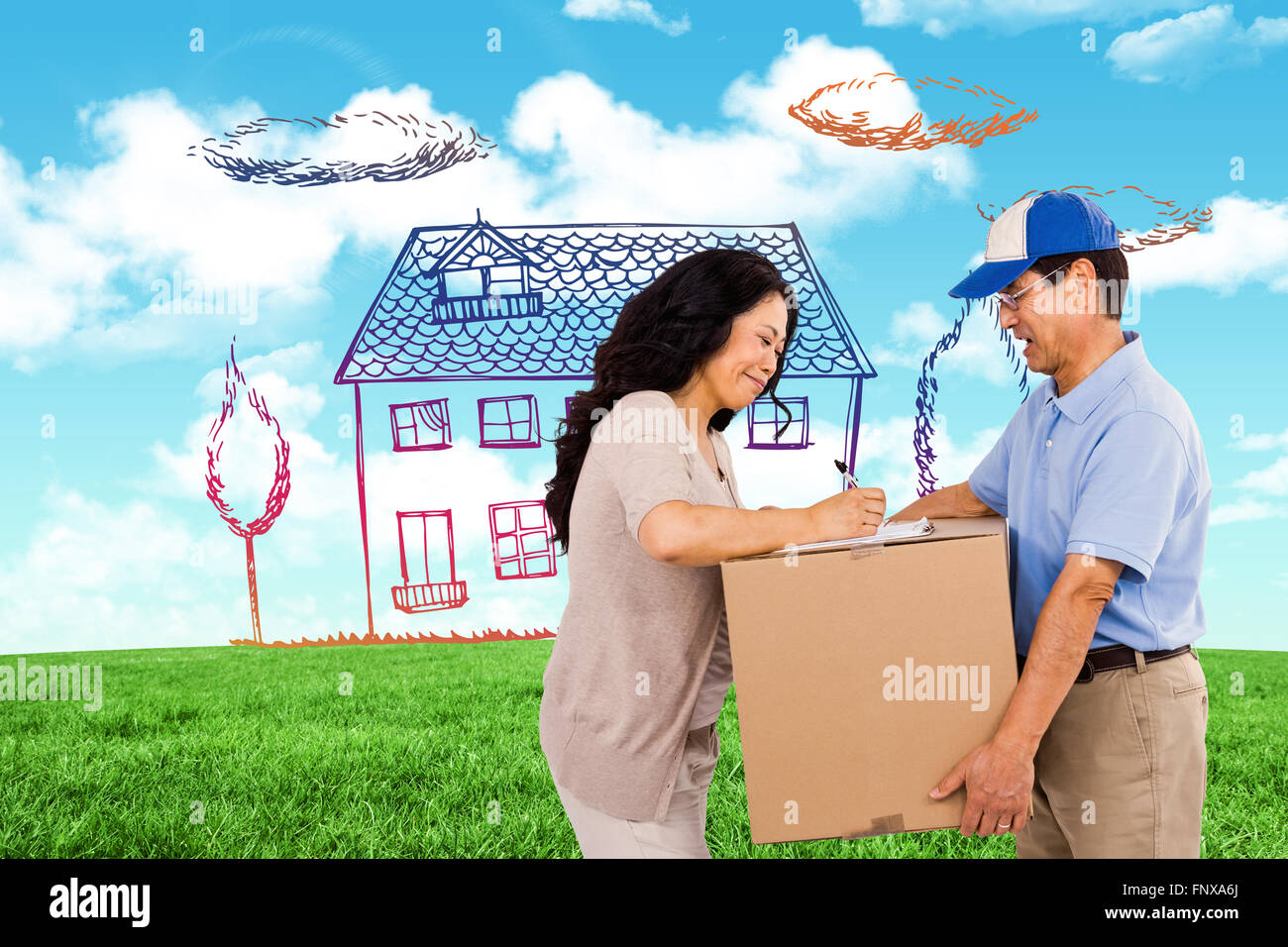Composite image of woman signing for a package Stock Photo - Alamy