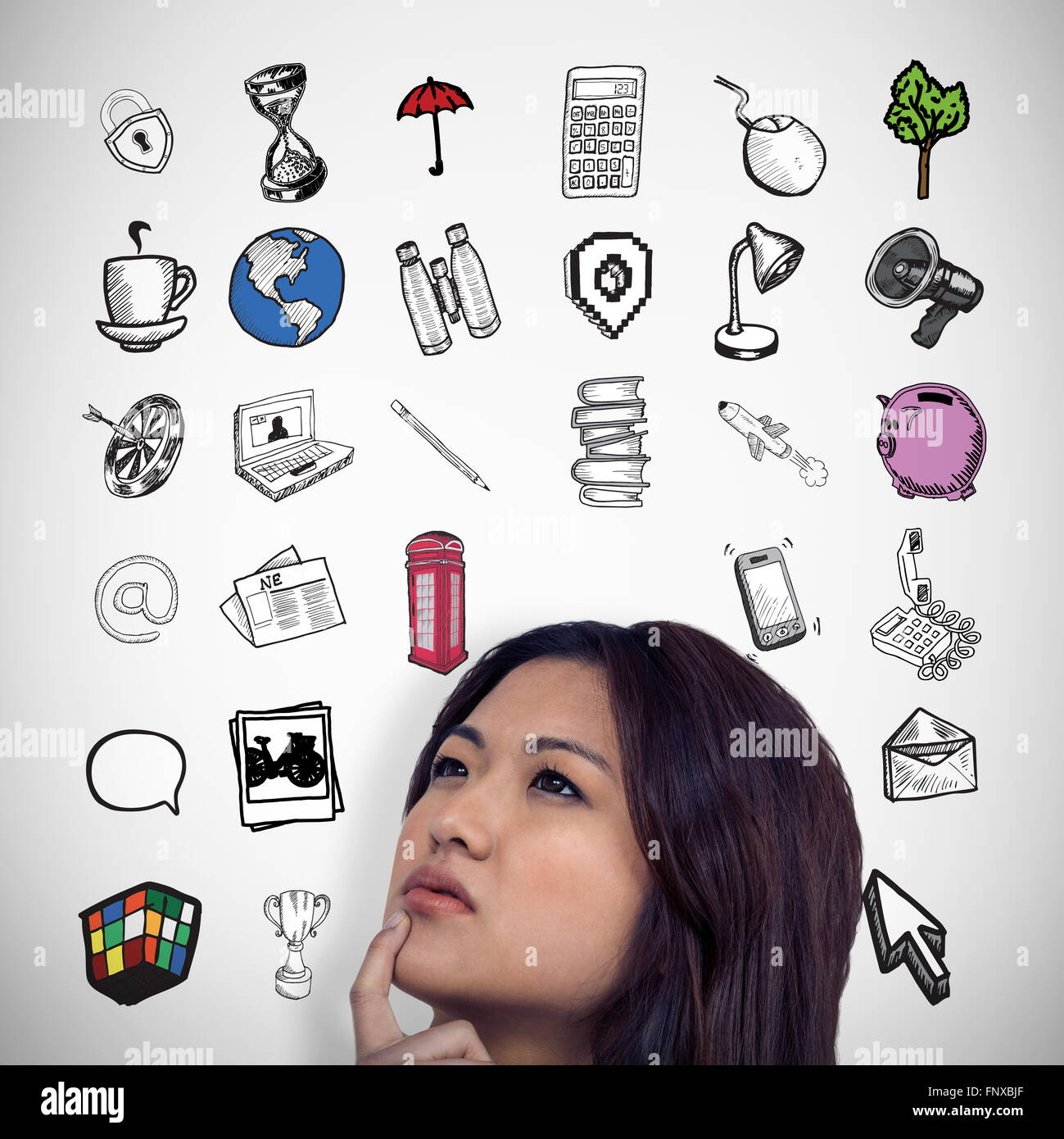 Composite image of thoughtful asian woman with finger on chin Stock ...