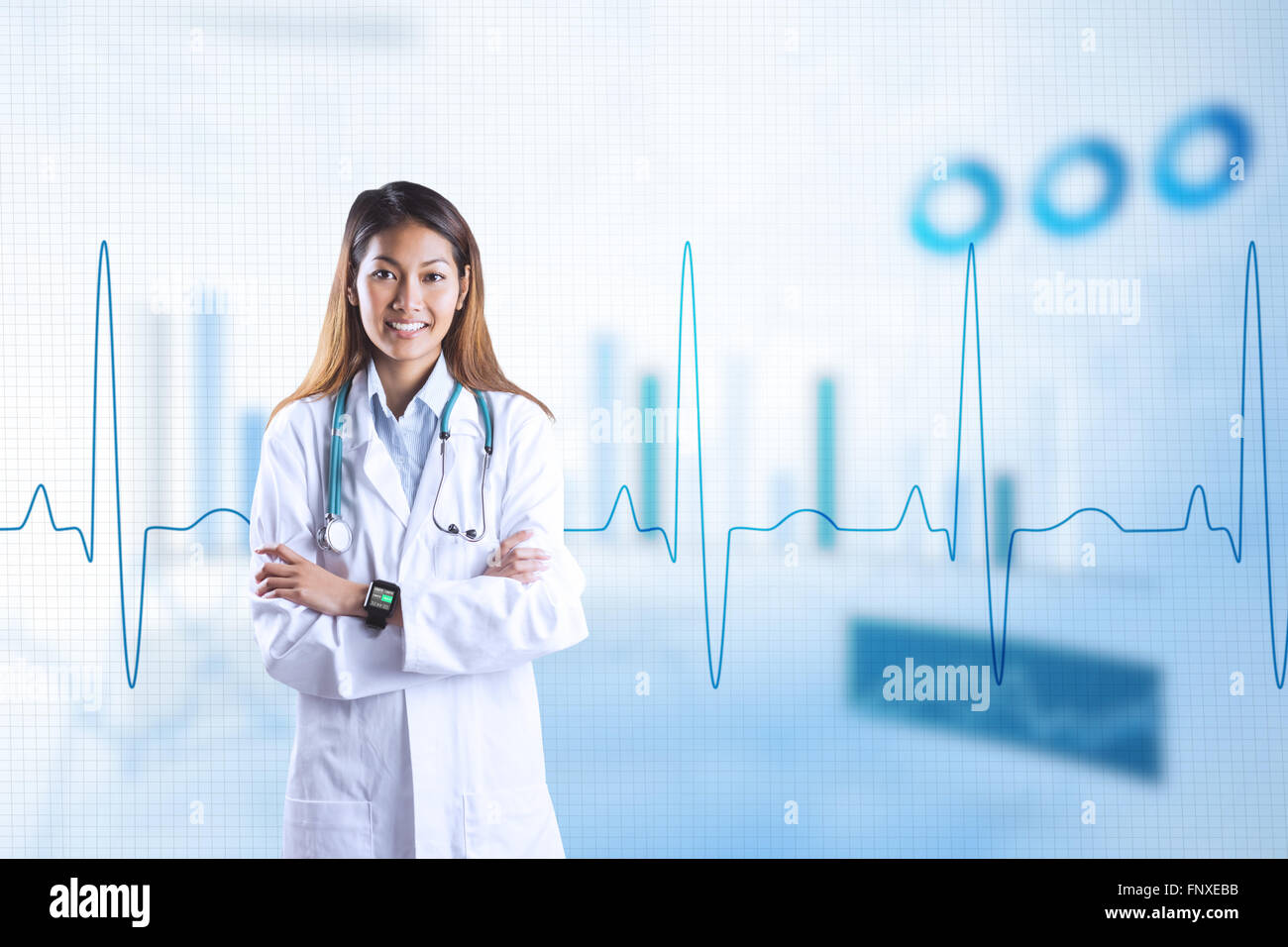 Composite image of asian doctor with smart watch crossing arms Stock ...